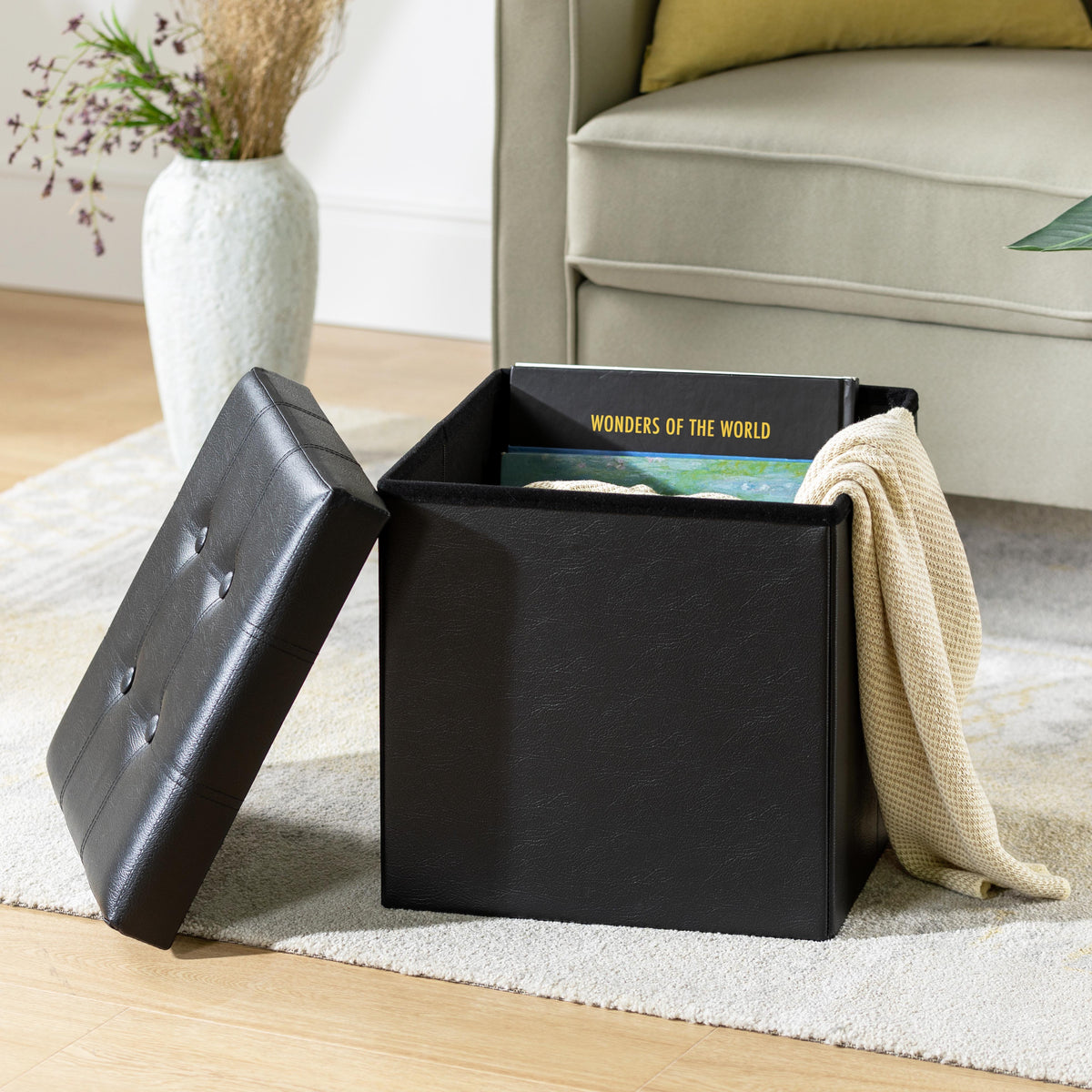 Collapsible Storage Ottoman 15 Button Tufted Faux Leather Mellow Home